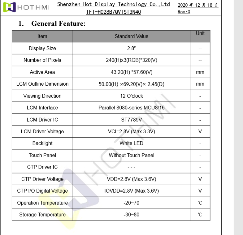 TFT-H028B7QVTST3N40 2.8 inch TFT LCD panel 240 * 320 resolution 8 bit ...