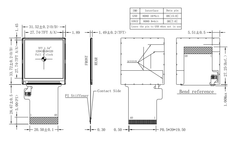TFT-H015A4HQIST7N40 1.54 inch IPS LCD Moduel, 320x320, 750nits, 40pins ...
