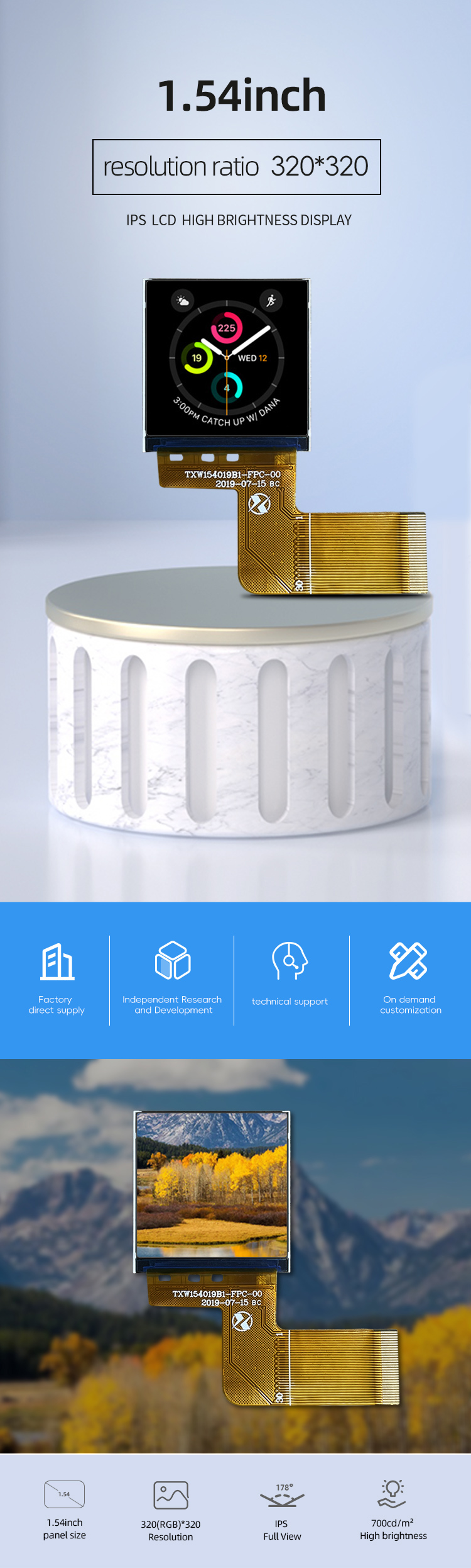 TXW154019B1 1.54-inch 320 * 320 square IPS LCD display screen 700cd/m ² ...