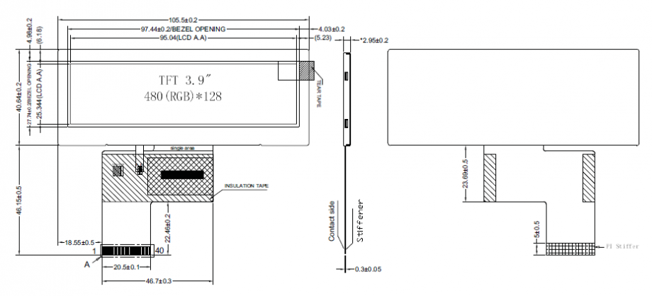 MI0390AT-1 3.9 inch 480X128 600nits 24-bit RGB interface ST7282 40pins ...