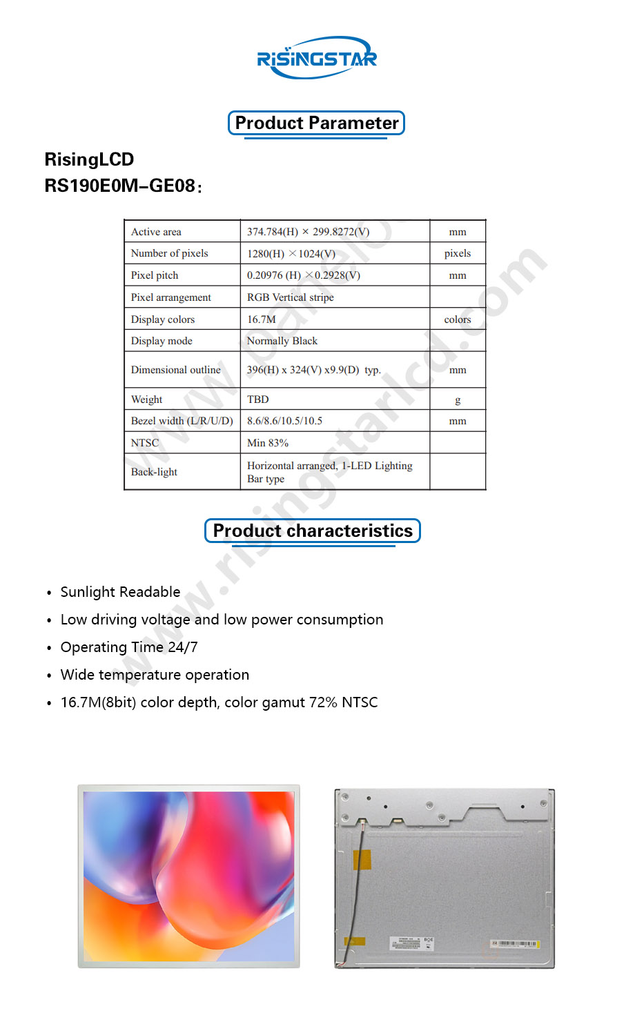RS190E0M-GE08 RISINGSTAR 800 nits High Brightness LCD Display Module ...