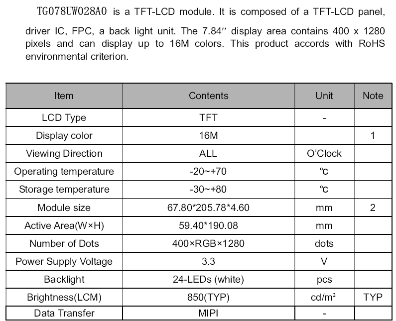 ZG078UW028A0 7.84inch, 400*1280, 850nits, 30pins, MIPI I/F, IPS LCD ...