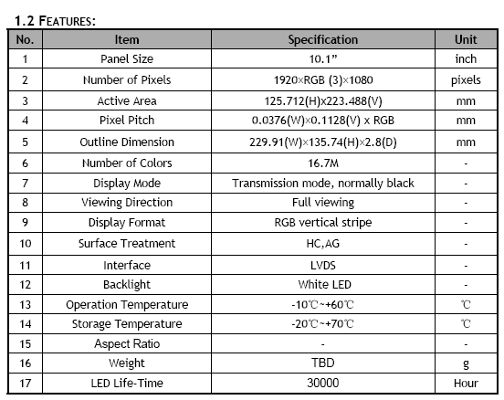 GL101BOEL4503-3 10.1inch LCM 1920*1080 40pin IPS 900cd/m2 LVDSinterface ...