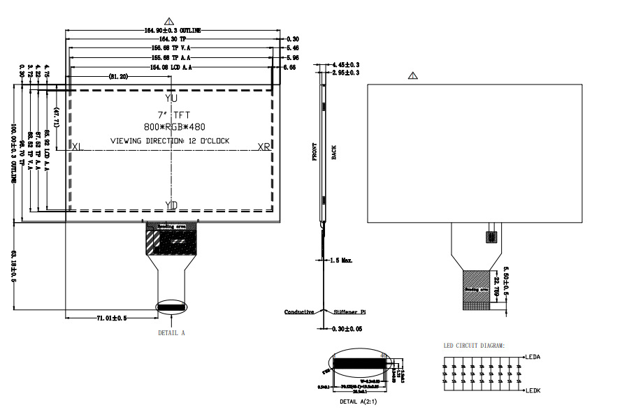 XH-T070SWH-02P 7-inch 800 * 480 TFT LCD module 400nits, 40pins RGB ...