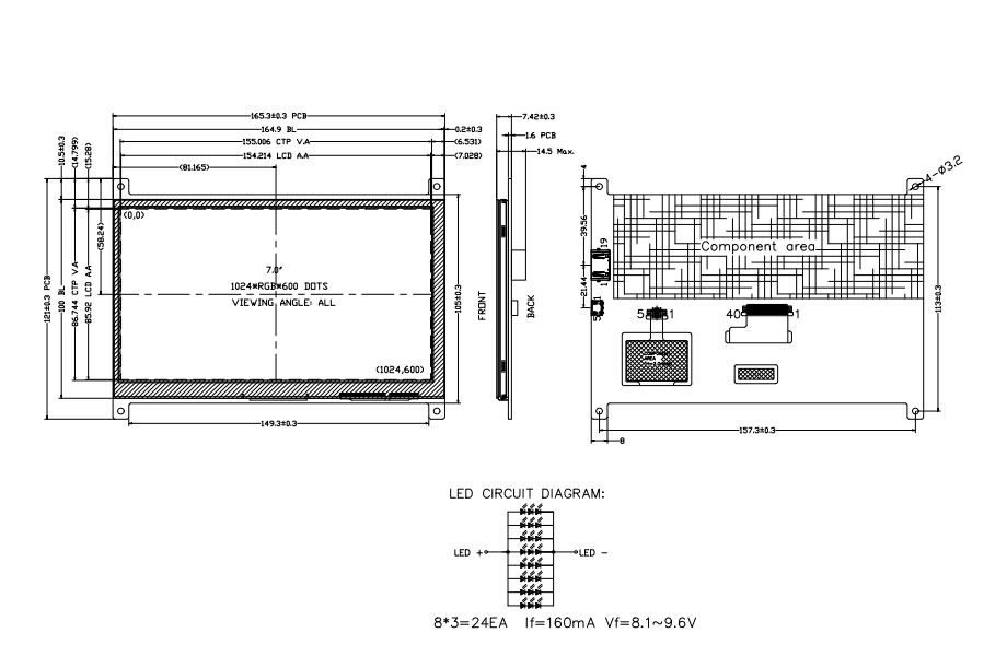 ZW-T070BAHA-83CP-B 7.0-inch 1024 * 600 TFT LCD module 350nits, 19 pins ...