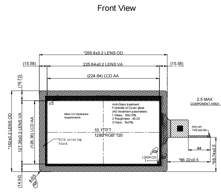 KD101TWX06EP-FC02-AG 10.1” TFT-LCD Module with CTP 1280*720 850cd/m² ...