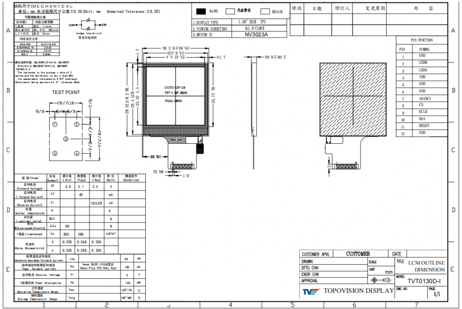 TVT0130D-I Hot Stock IPS 1.3 inch 128x128 SPI interface square TFT LCD ...