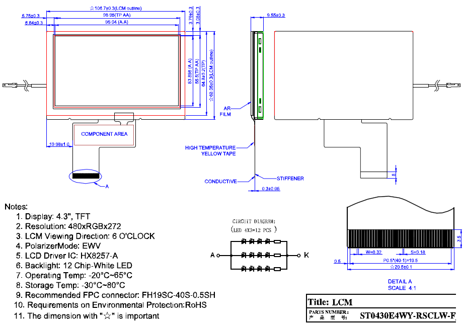ST0430E4WY-RSCLW-F 4.3" High Brightness TFT LCD Display Module with RTP ...