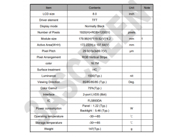SA080UWV-LF1 8"HDLCD IPS Hard Screen 1500 Brightness 1920x1200 ...