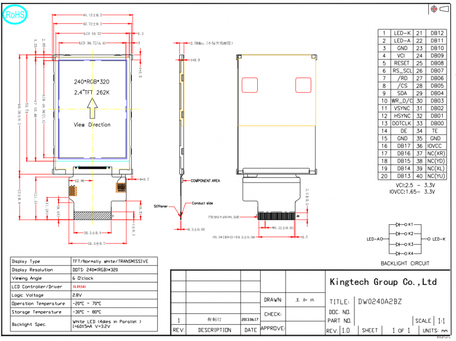 DW0240A2BZ 2.4inch Portrait Screen 240x320 QVGA display, MCU/SPI/RGB ...