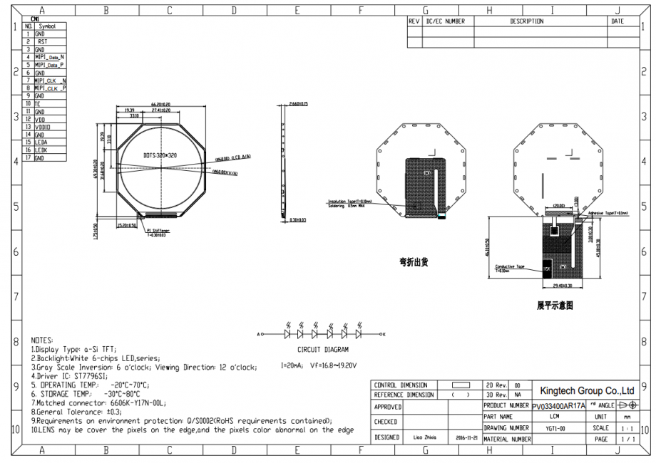 PV033400AR17A 2.4 inch Round Screen, 320x320, MIPI Interface, ST7796SI ...