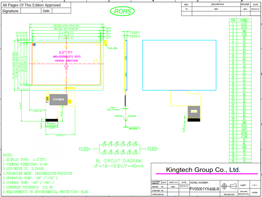 PV05001YX40B-R 5.0inch With RTP, 480x272(WQVGA), 24-bit Parallel RGB ...