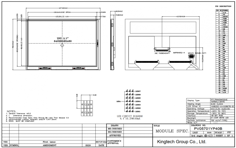 PV05701YP40B 5.7inch landscape Screen, 640x480 display, VGA display ...
