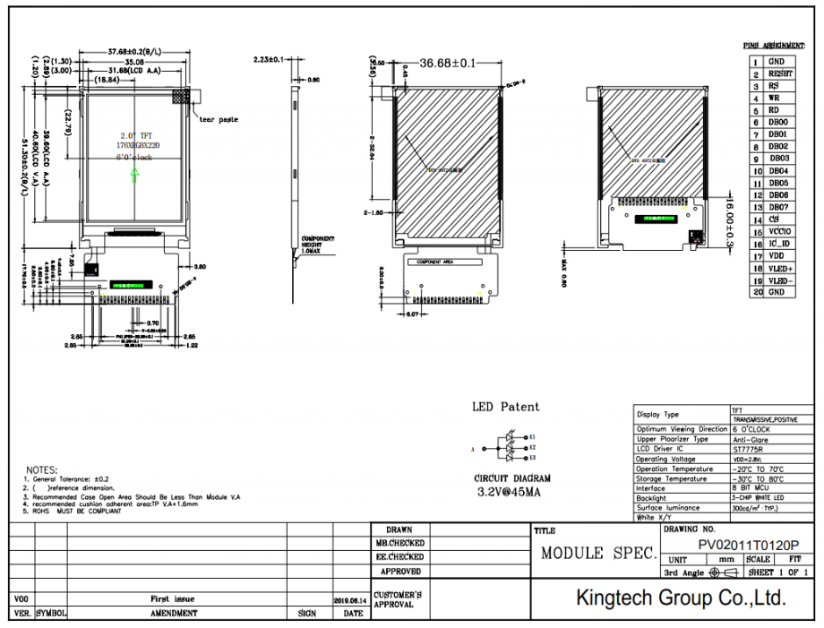 PV02011T0120P 2inch Vertical screen, 176*220, 8 BIT MCU Interface ...