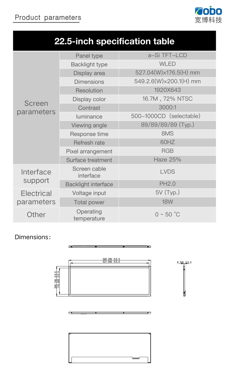 KB-L225M 22.5-inch strip LCD screen 1920*643 VA LCD screen long strip ...