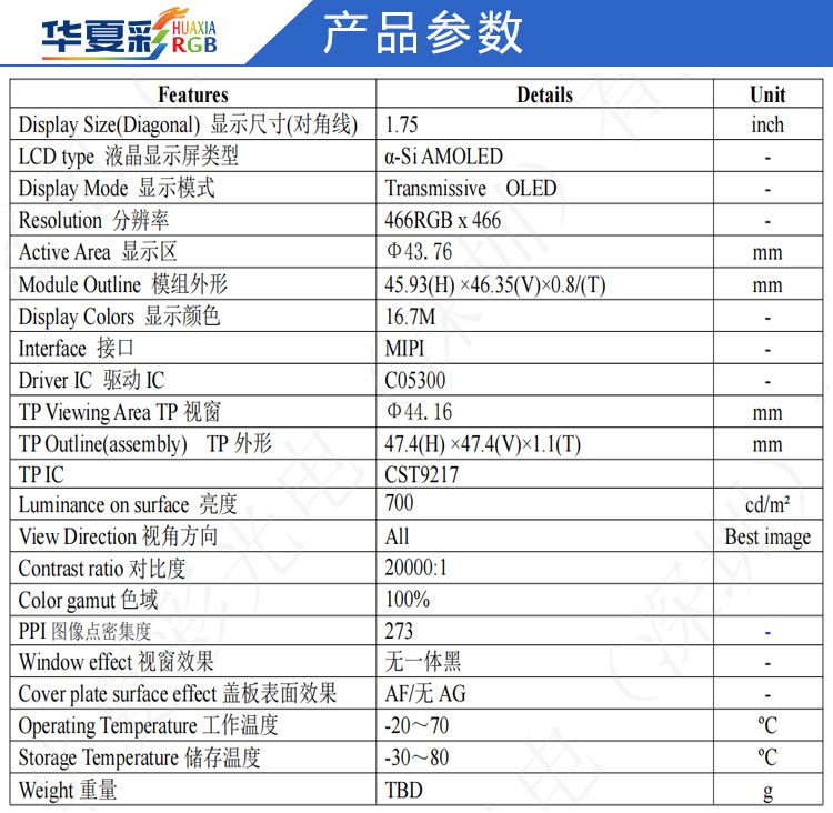 H0175Y003AM V1 1.75-inch Full Circle AMOLED LCD Display 466*466 Outdoor ...