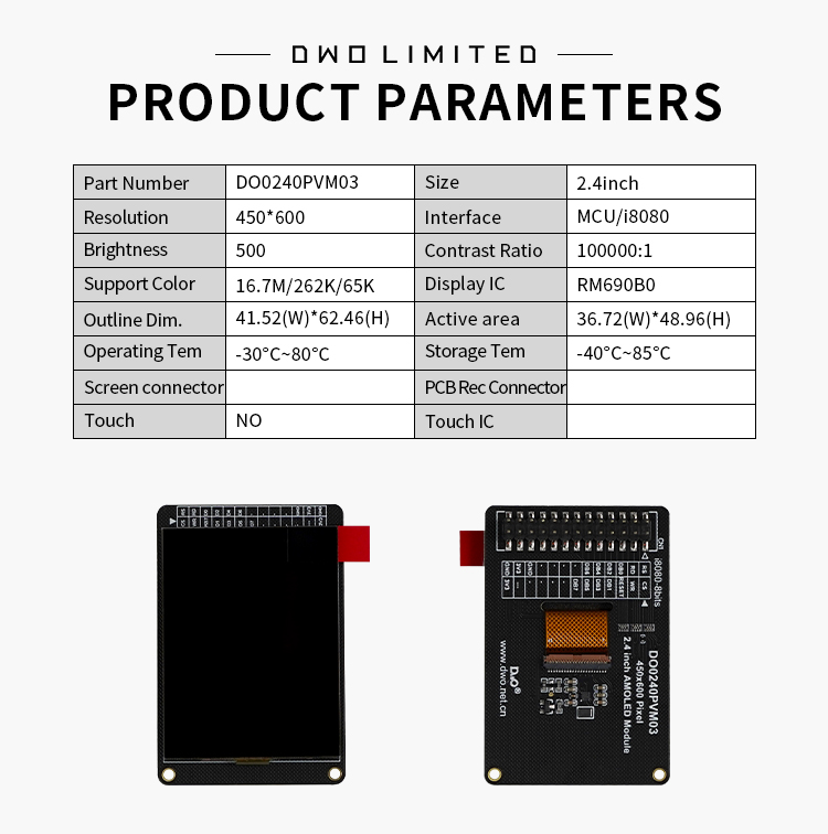 DO0240PVM03 AMOLED DO0240PVM03 screen 2.4 inch 450*600 MCU i8080 LCD Display Module STM32 MTK ...