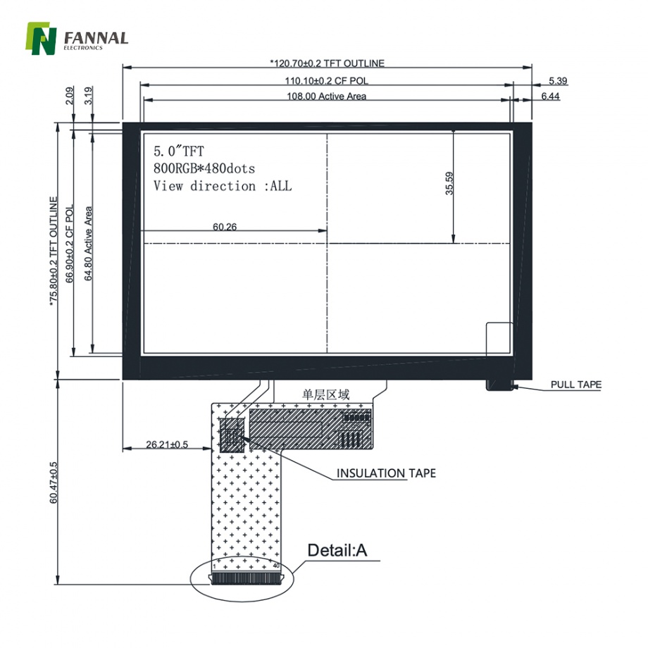 FN0500D036A 5-inch Industrial TFT LCD, 800x480, High Brightness ...