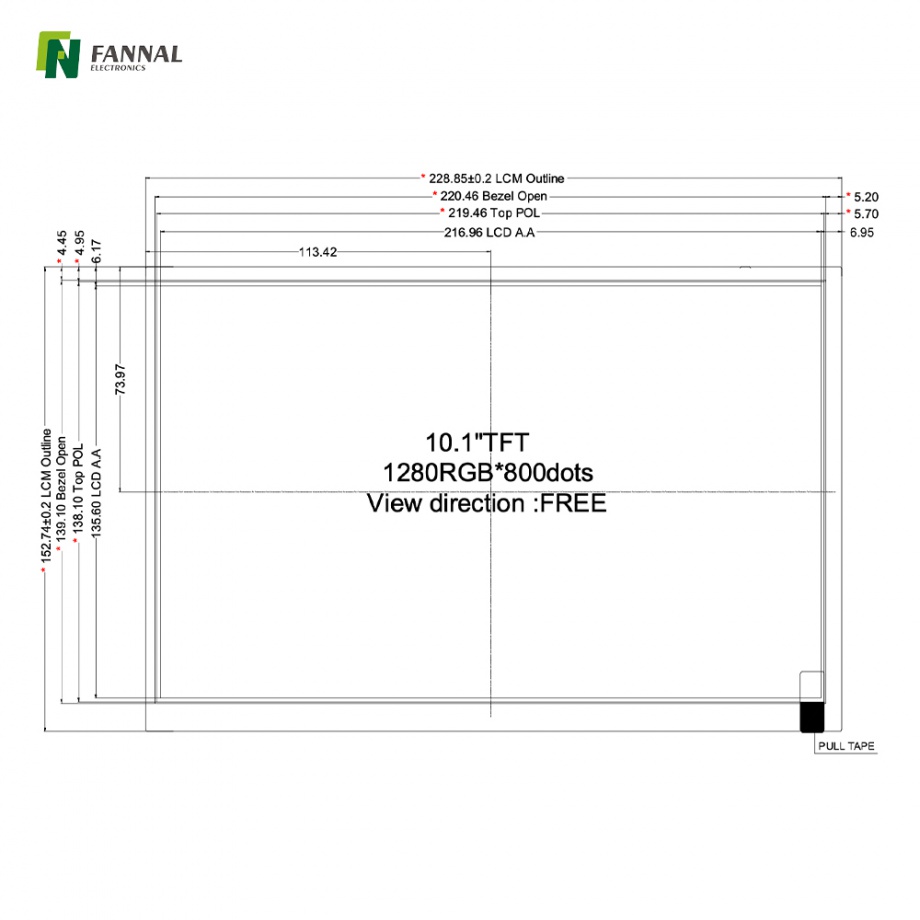 FN1010D012A 10.1-inch Industrial TFT LCD Resolution 1280x800 Brightness ...