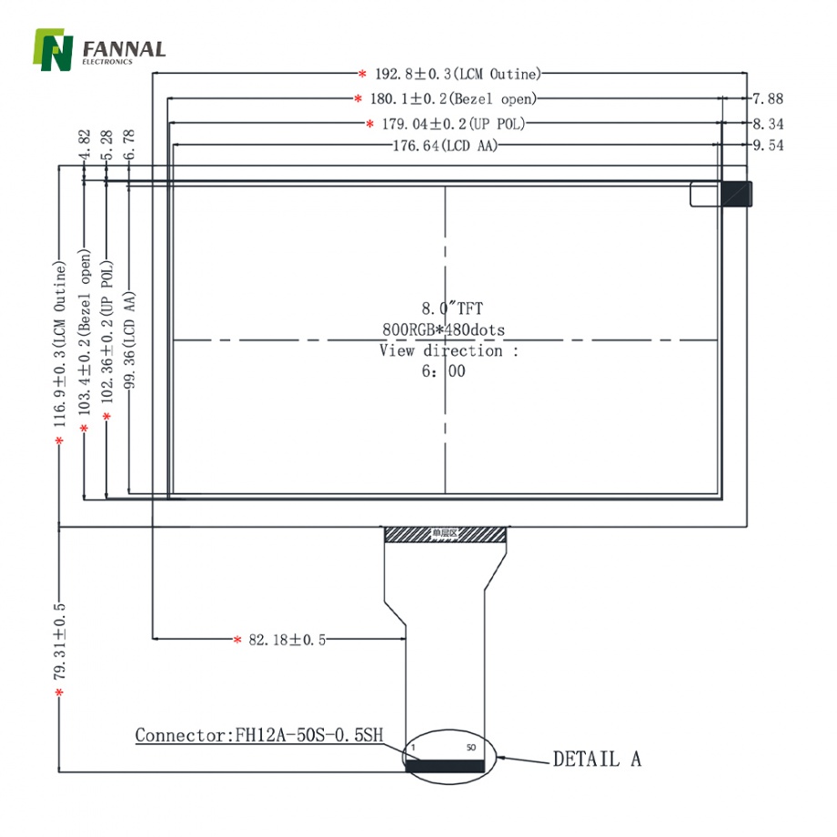 FN0800D012A 8-inch Industrial IPS TFT LCD , 800x480, 500cd/m2, 50PINS ...