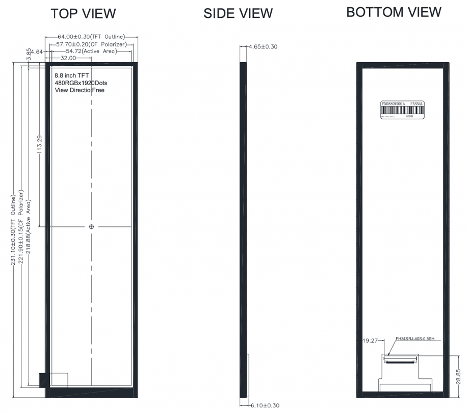 FN0880W001A 8.8-inch Industrial TFT LCD, 480x1920, 600cd/m2, 40PINS ...