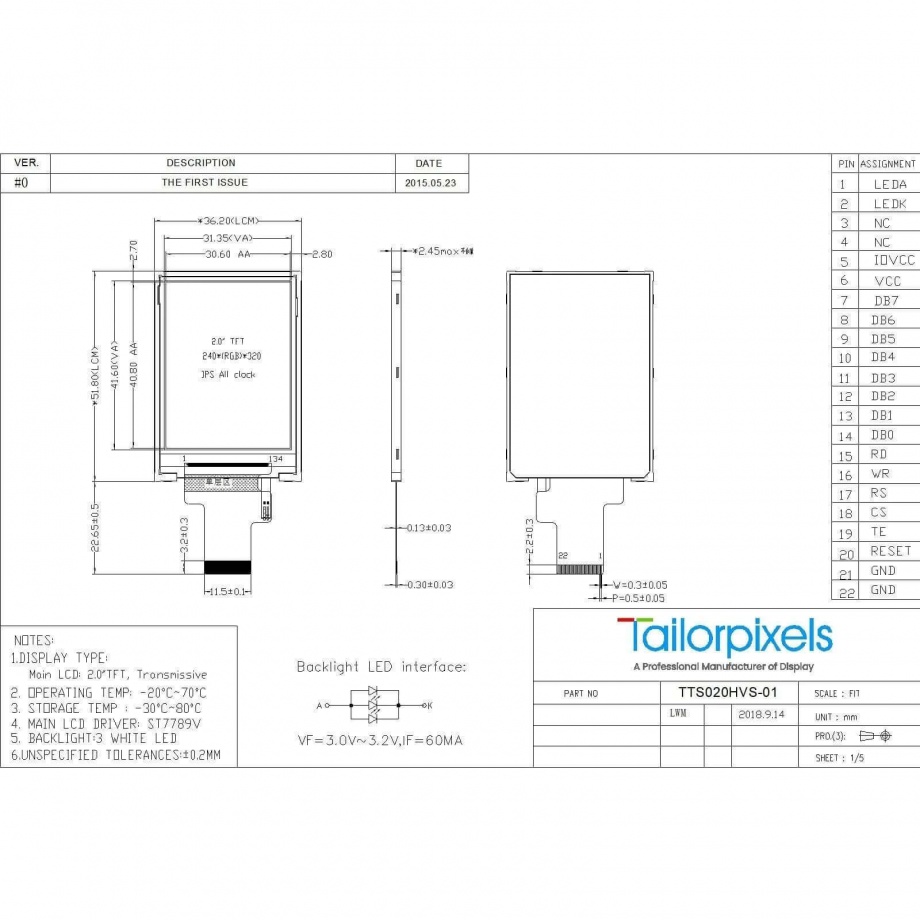 TTS020HVS-01 2.0 inch IPS Display, TFT LCD, MCU Interface, 240x320 Pixels, for Portable Terminal ...