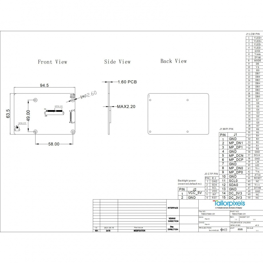 TBK070MI-01 7.0 inch TFT Display Controller Board, MIPI to TTL, TFT LCD ...