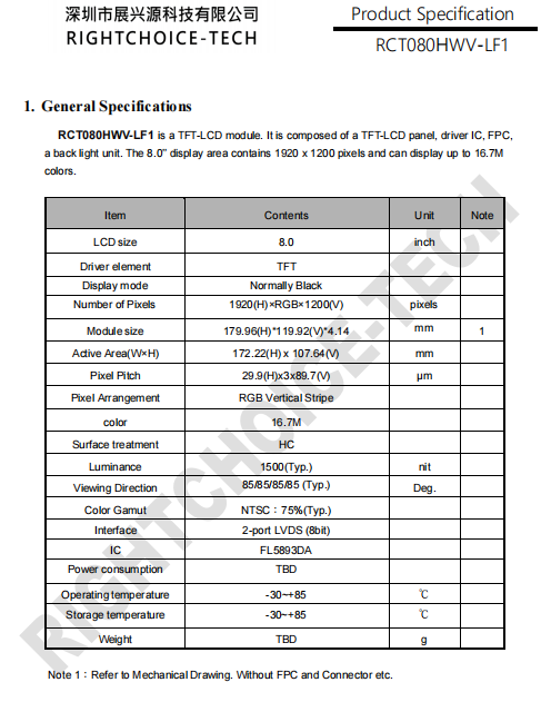 RCT080HWV-LF1 RCT080HWV-LF1 is a TFT-LCD module. It is composed of a ...