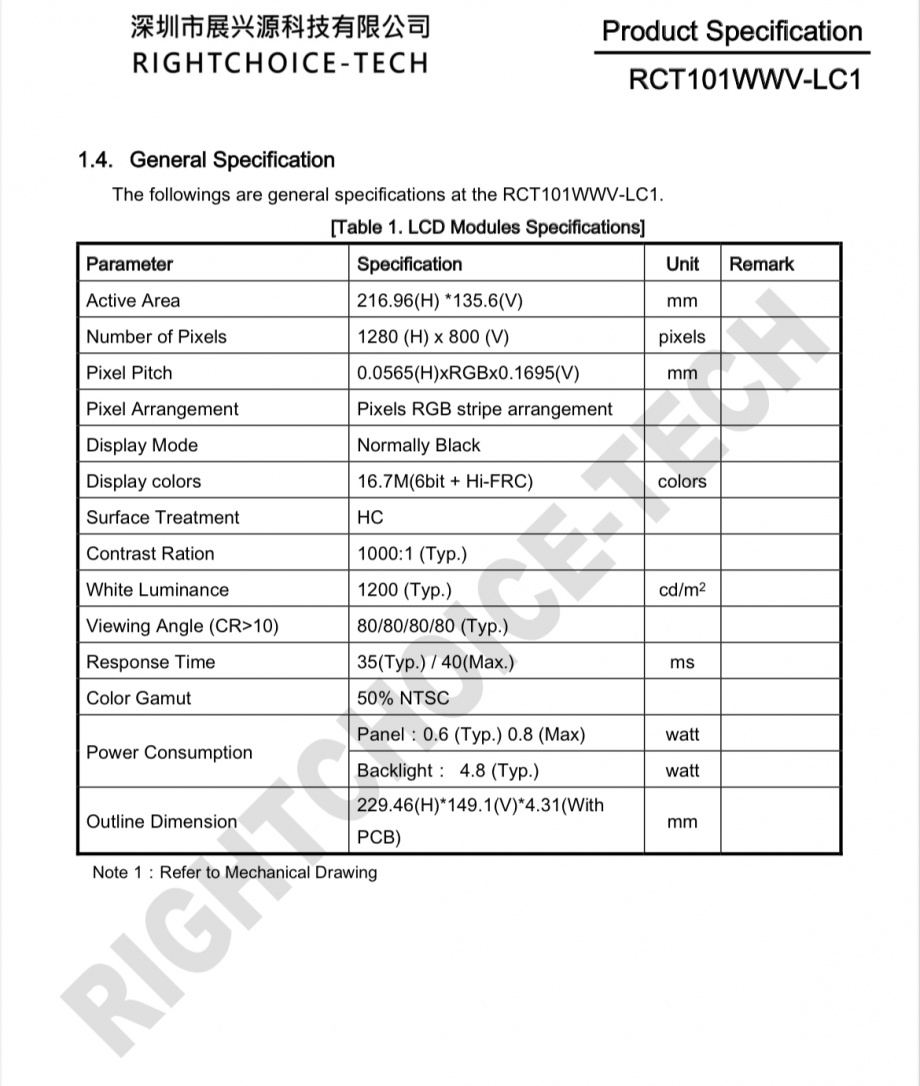 RCT101WWV-LC1 RCT101WWV-LC1 is a color active matrix TFT LCM using ...