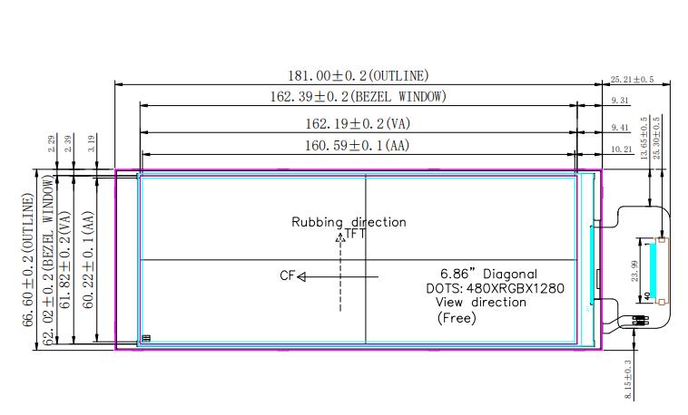 JW068P4134-45A 6.86-inch TFT LCD, 480*1280, IPS LCD, 500 Brightness ...
