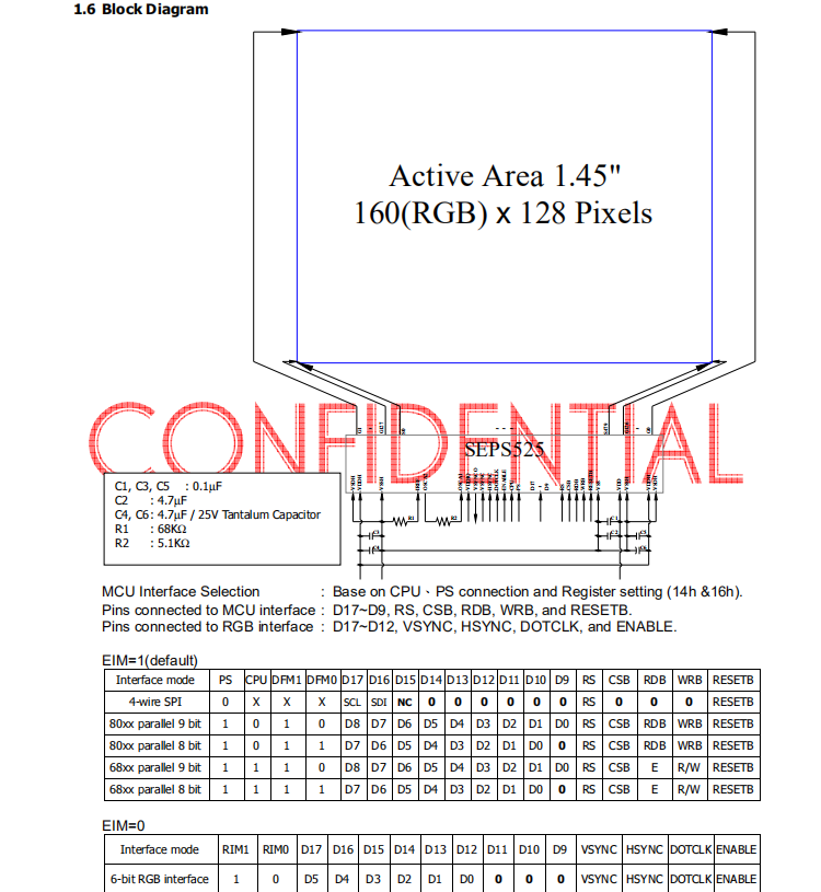 UG6028GEAFF01 1.45 PMOLED display 160*128 CPU/RGB/SPI 120cd/m² ...